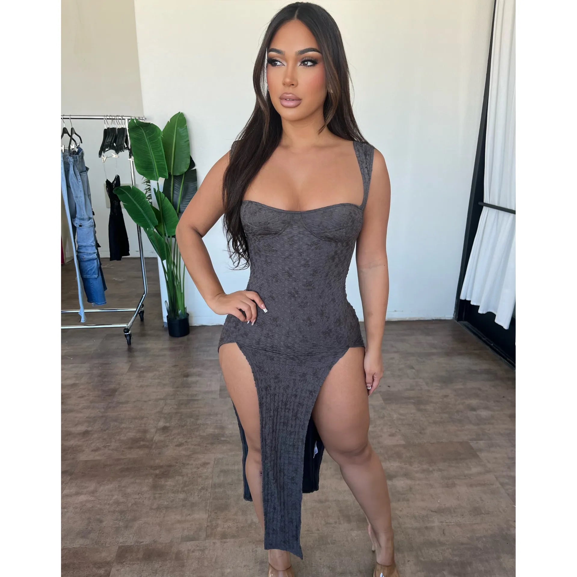 Gigi Slit Dress (Charcoal) – OOTDFASH